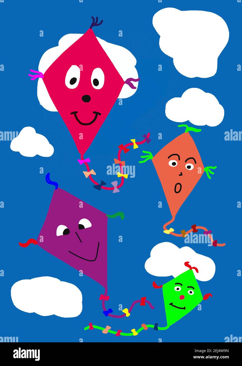 Illustration kids flying kites hi-res stock photography and images - Alamy
