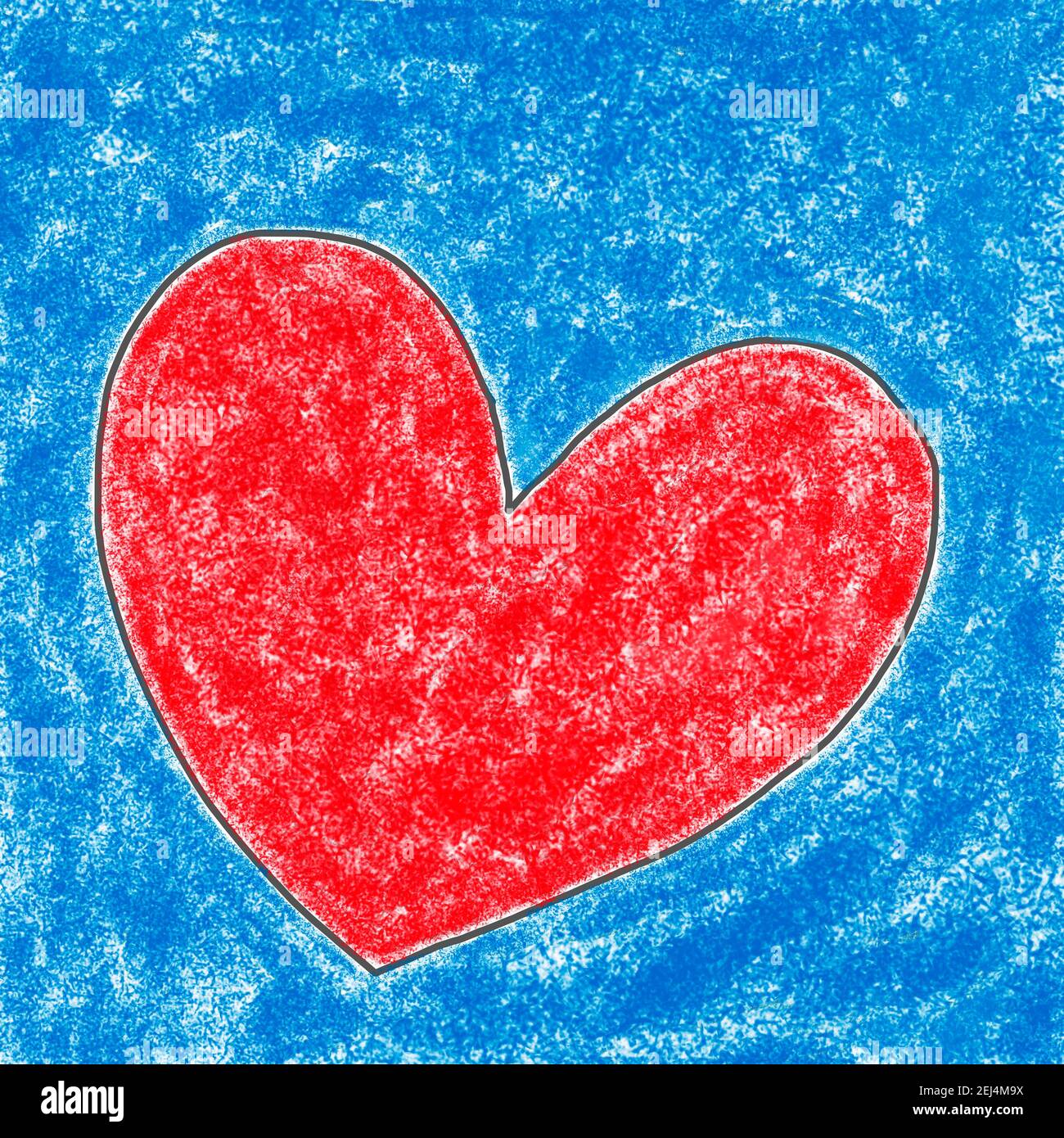 Naive illustration, children drawing, red heart on blue background ...