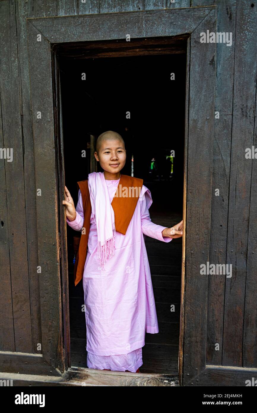 Female monk, Bagaya teakwood Monastery, Inwa or Ava, Mandalay, Myanmar ...
