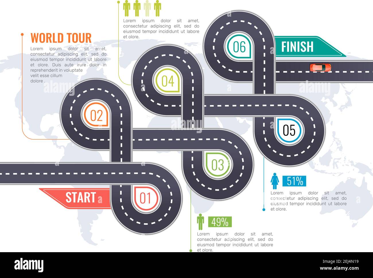 Navigation map infographics layout with winding road parts start and finish location and phased ...