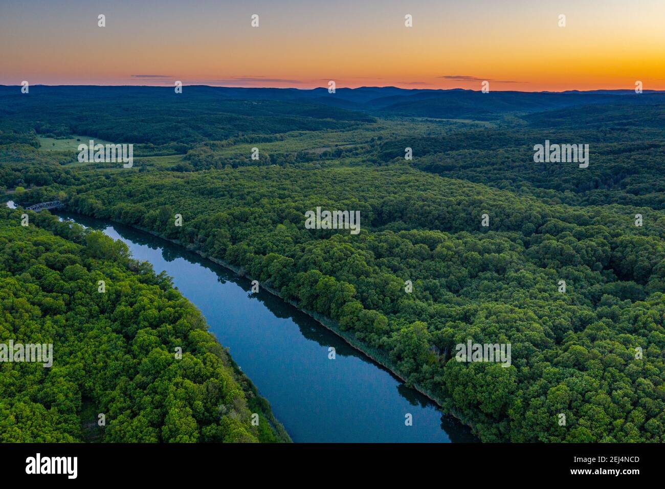 Sunset aerial view of Strandzha mountains and veleka river in bulgaria ...