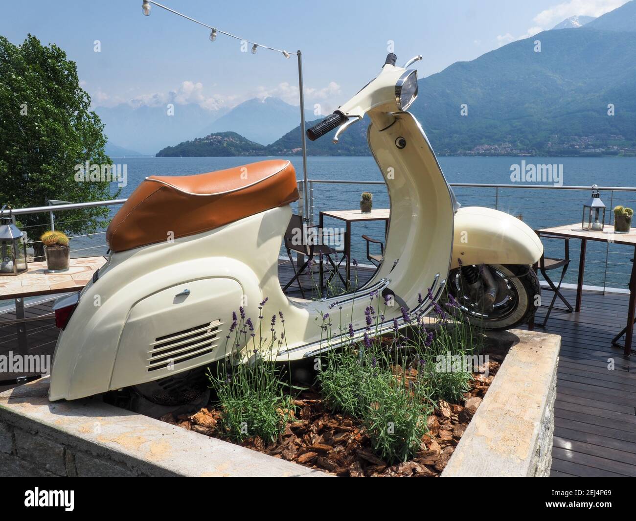 Lake Como, Italy - May 26, 2018: Piaggio Vespa on terrace as an ...