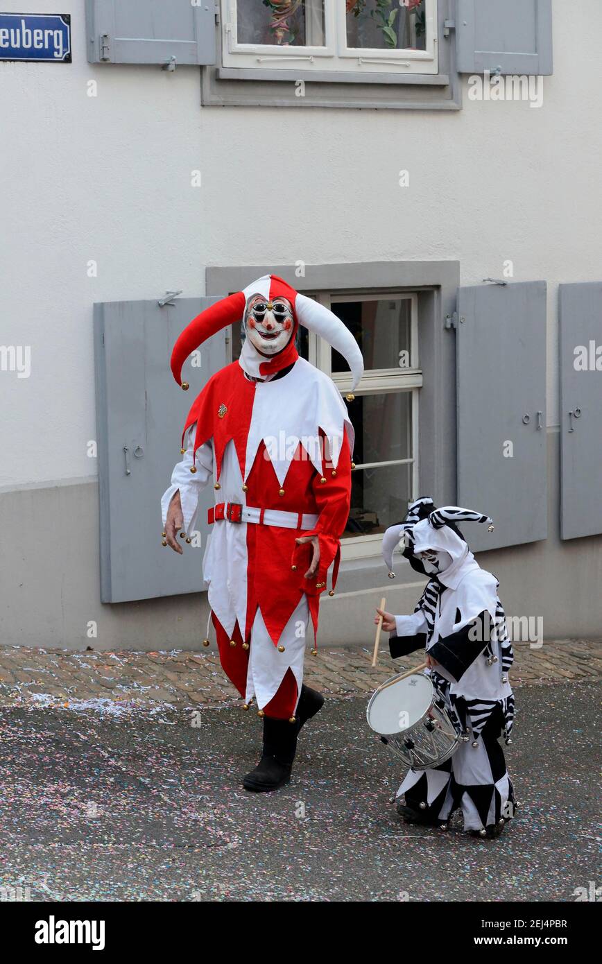 ( Basler Fasnacht) Carnivalist and child with drum, Basel, Switzerland ...