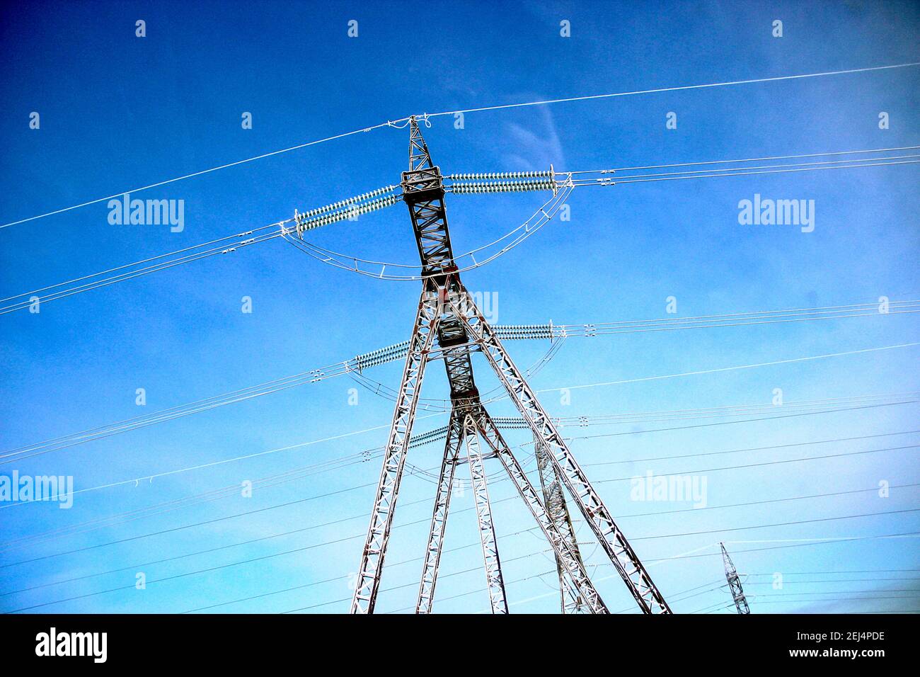 Steel structure of the power line pylon with stretched wires on the ...