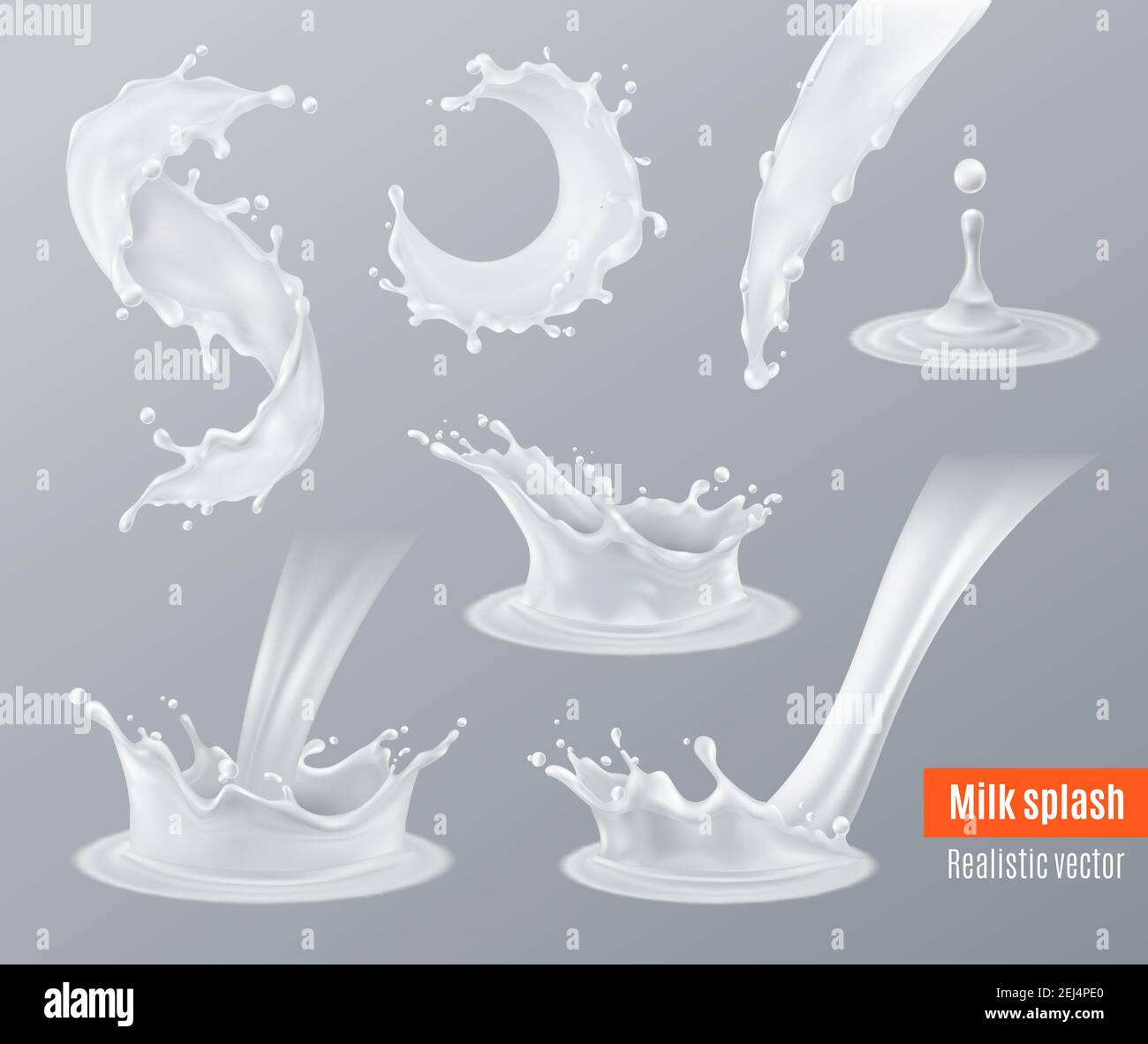 Set of realistic milk splashes of various shape with drops isolated on ...