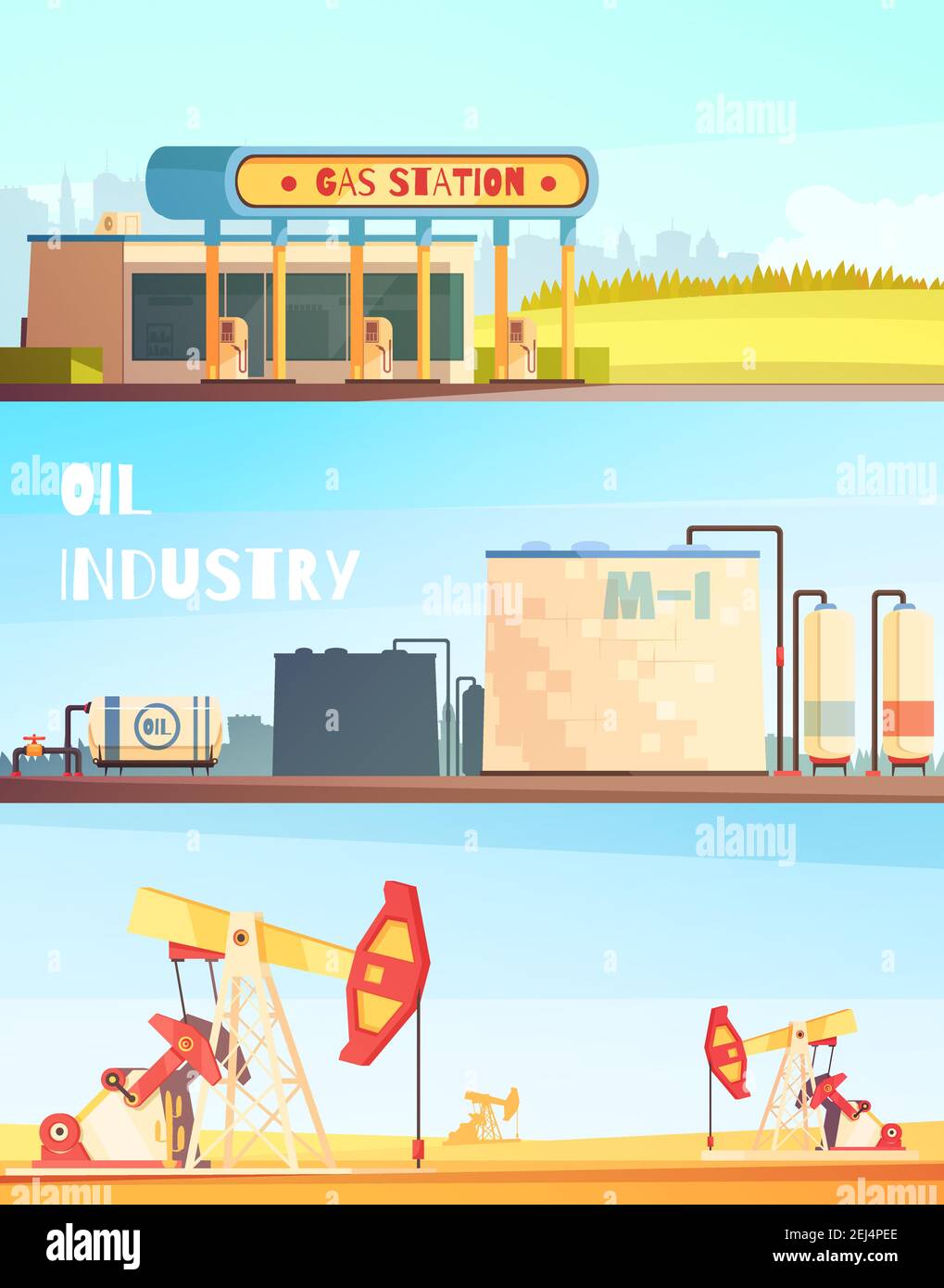 Oil production horizontal banners collection with sunny landscape ...