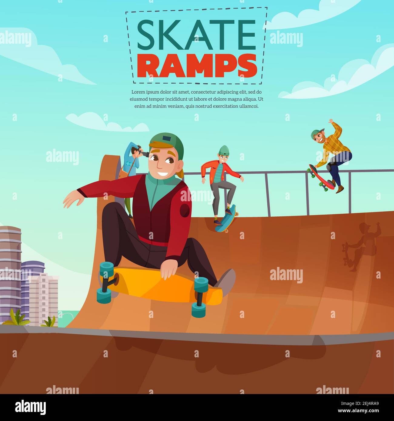 Skate ramp cartoon poster with teens riding skateboard on city sports ...