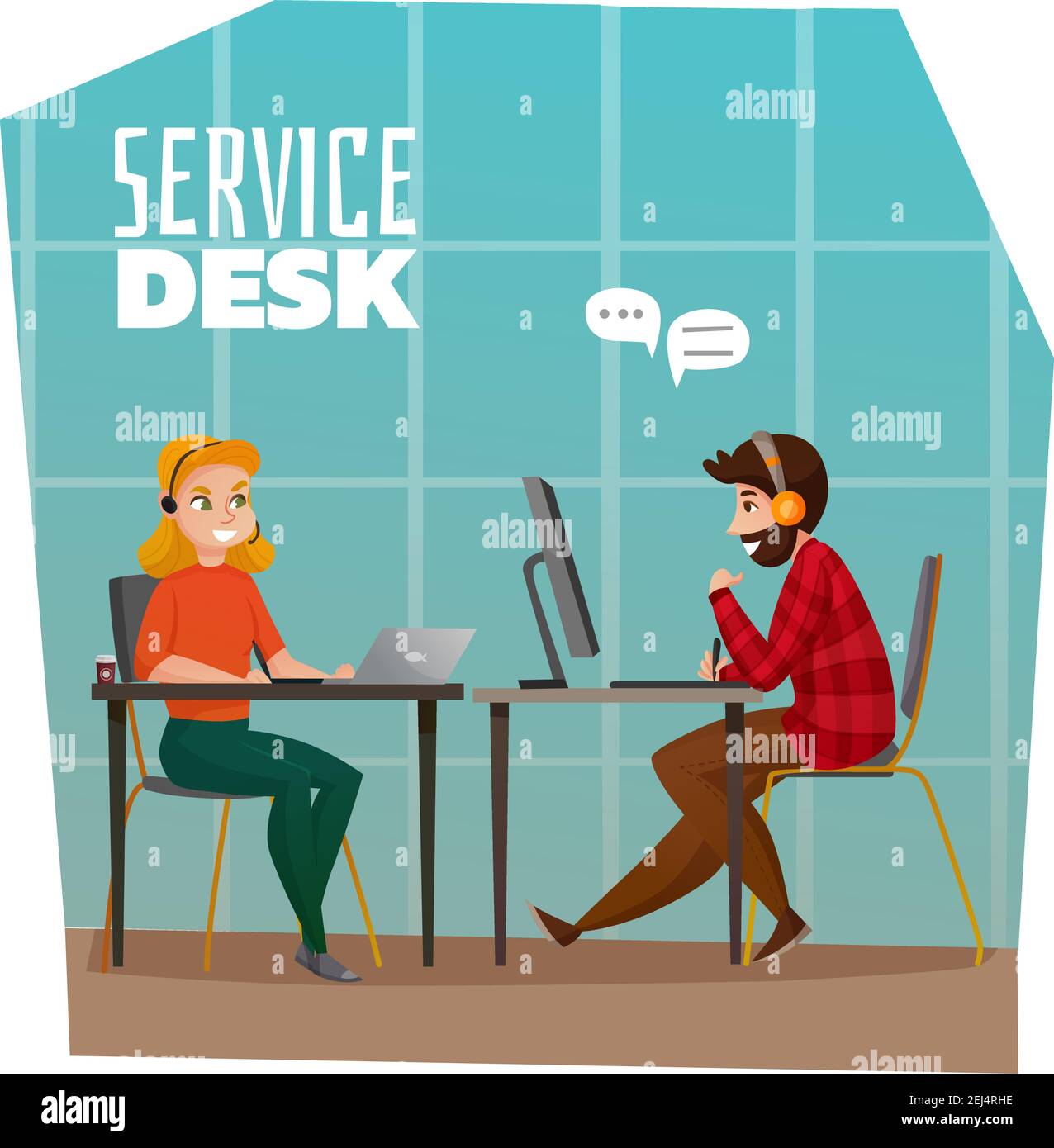Service desk design concept with male and female employees sitting in ...