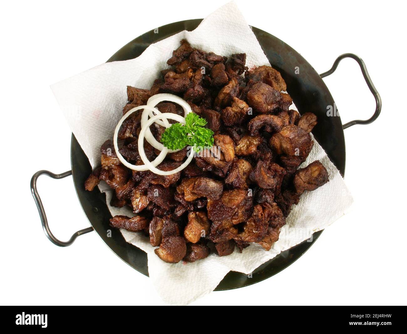 Fried Meat in a Pan isolated on white Background Stock Photo - Alamy