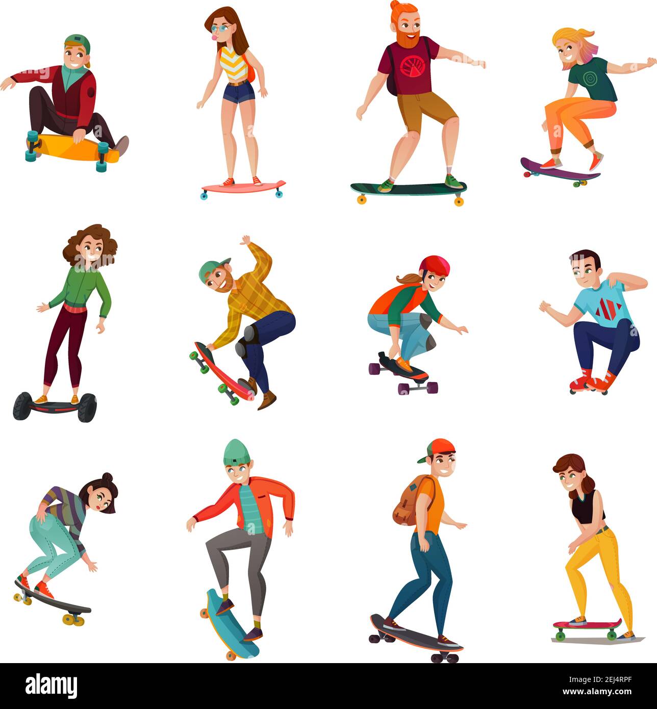 Rollers and skateboarders characters in in various poses of movement ...