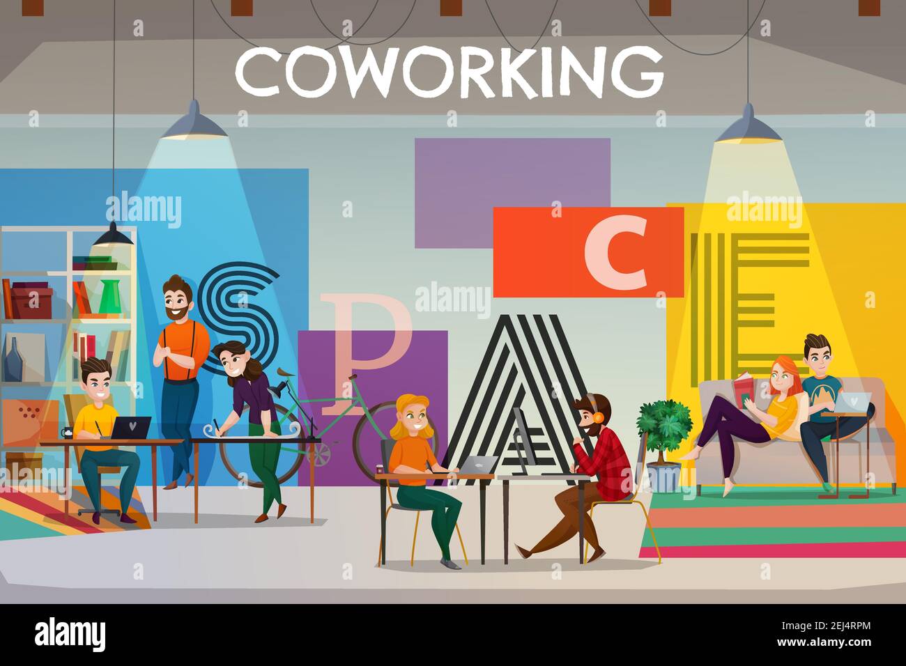 Coworking poster background with text and flat open space interior with ...