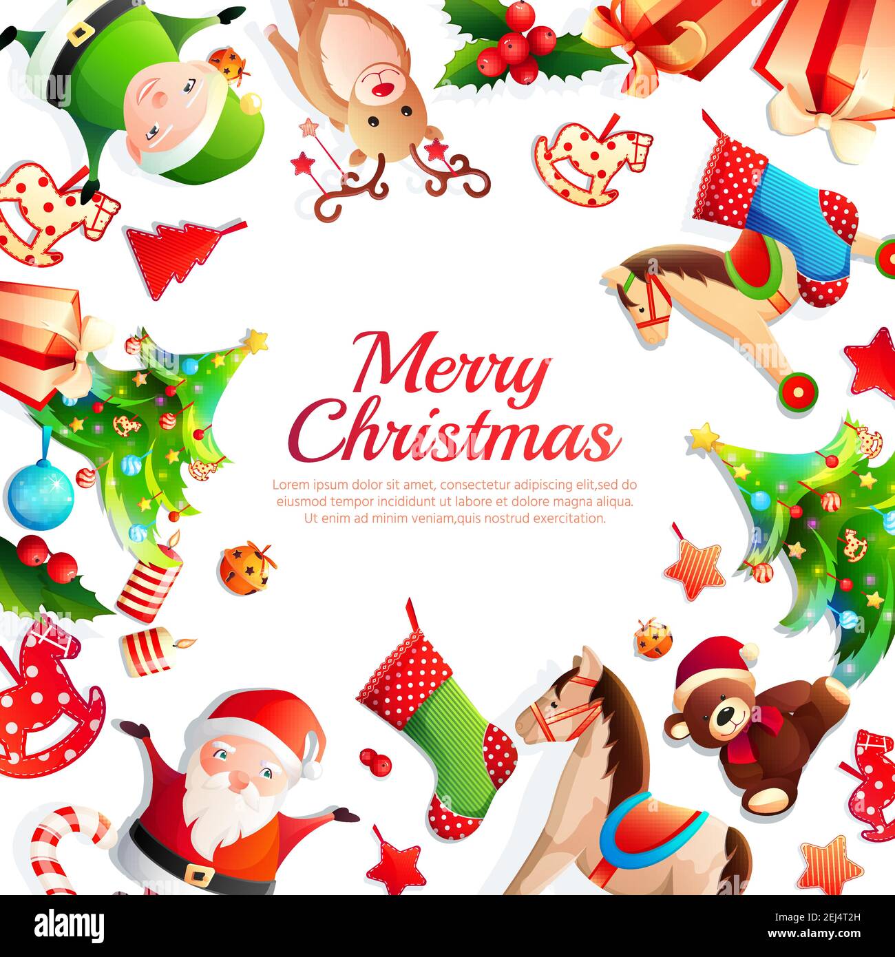 Merry christmas cartoon frame with greeting, xmas tree, santa, animals ...