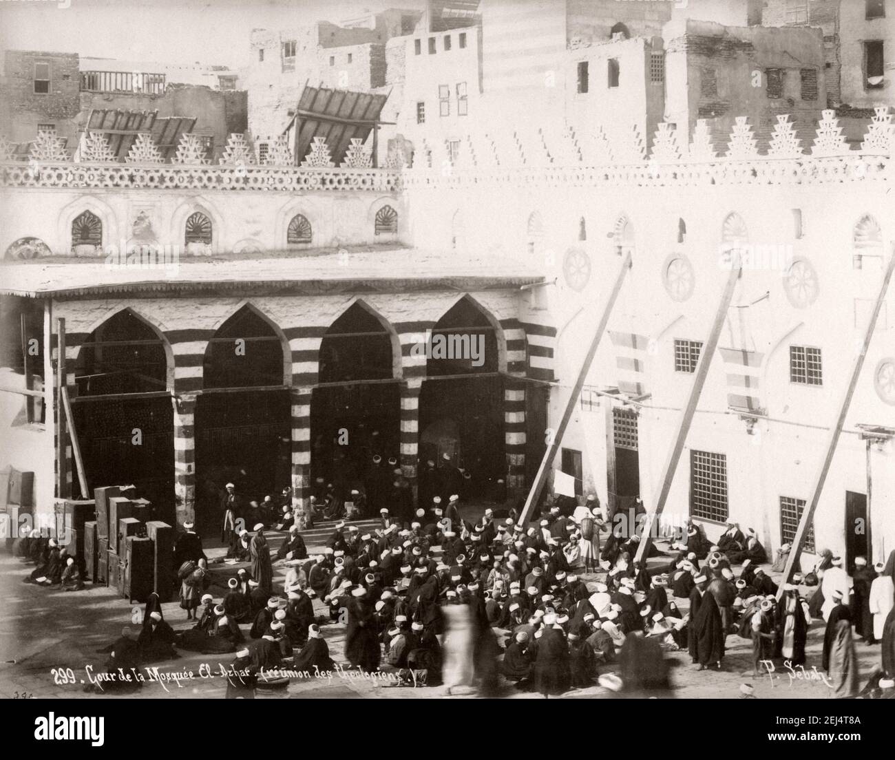 Late 19th century vintage photograph: Imams, courtyard of El Azhar ...