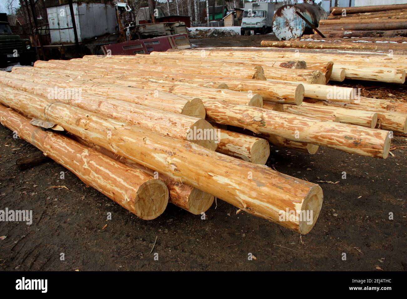 Little sawmill in the open. Round timbers lying on the ground Stock ...