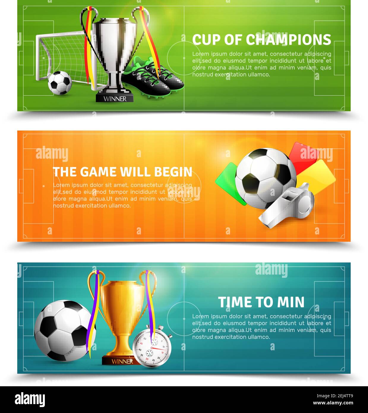 Soccer horizontal banners set with sports equipment, penalty cards ...