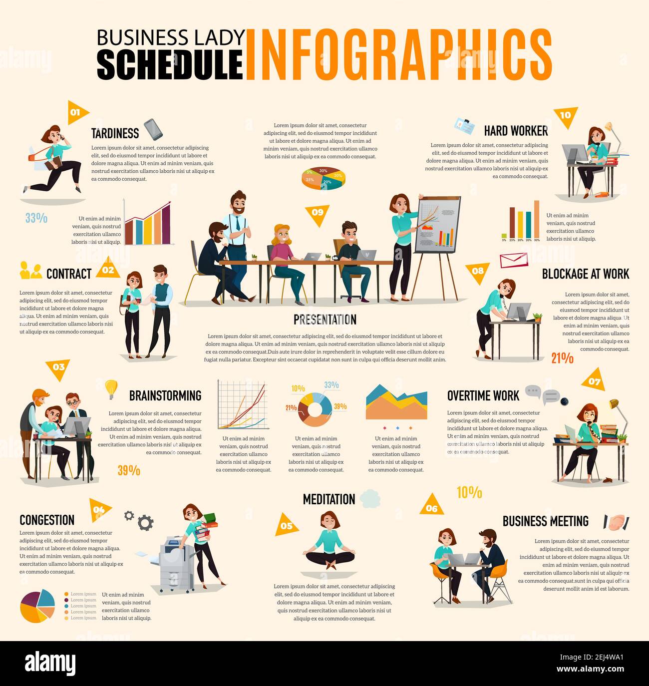 Time management infographics layout with business lady schedule in ...