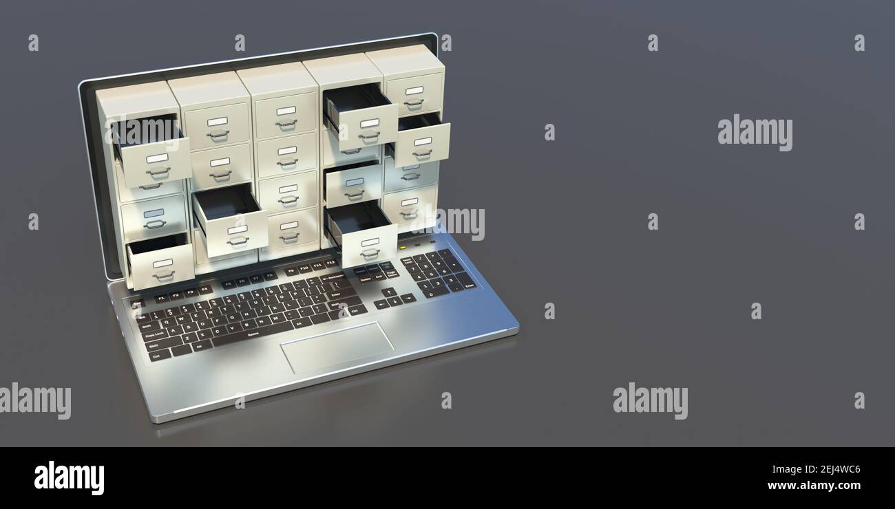 Filing archives cabinet on a laptop computer screen on an office desk ...