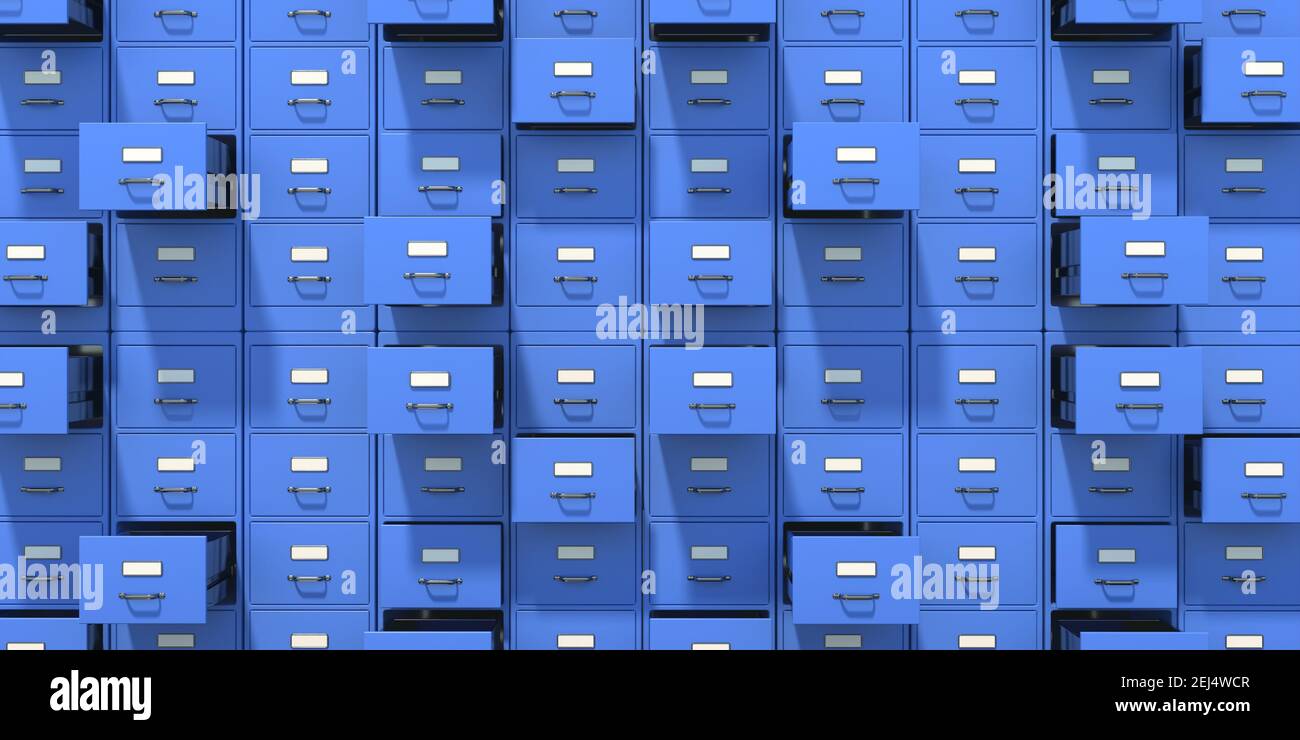 Filing cabinets with open drawers background. Office document data and ...