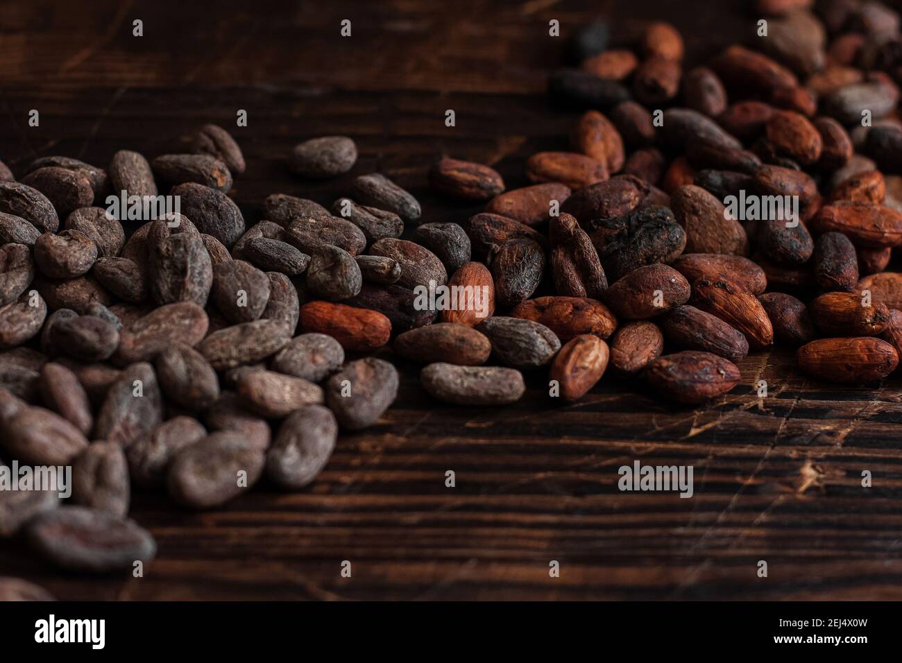 Raw cocoa beans two types Venezuela on brown background Stock Photo - Alamy