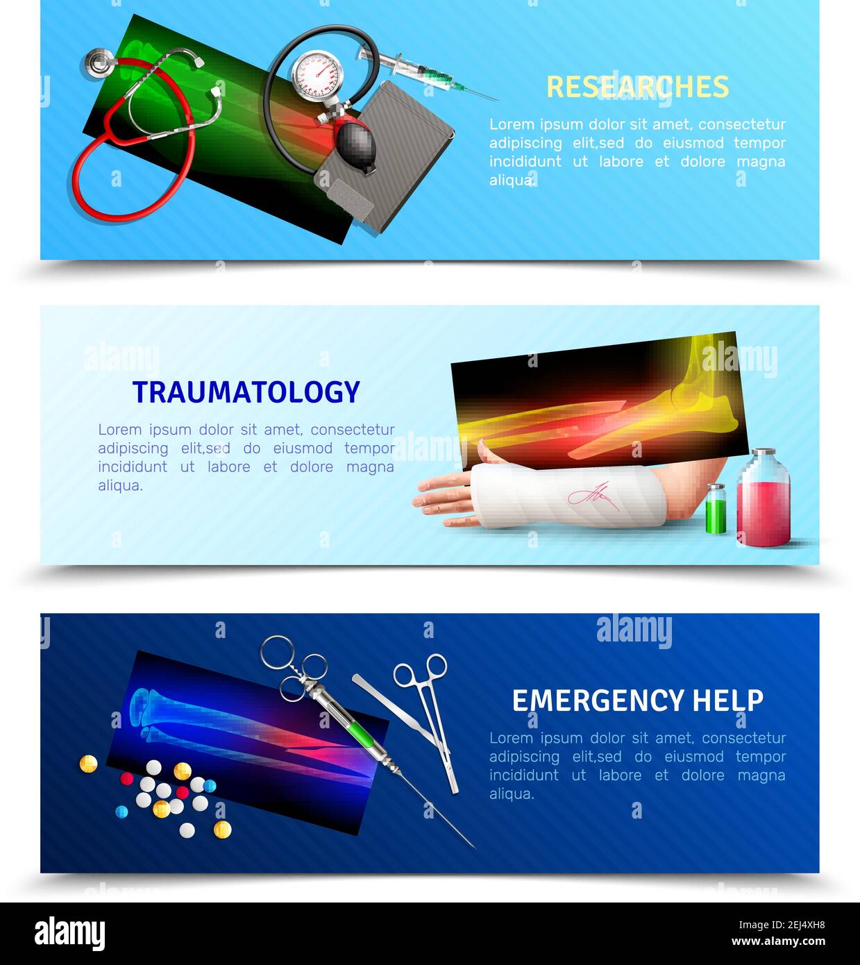 Set of horizontal banners with researches, surgical traumatology ...