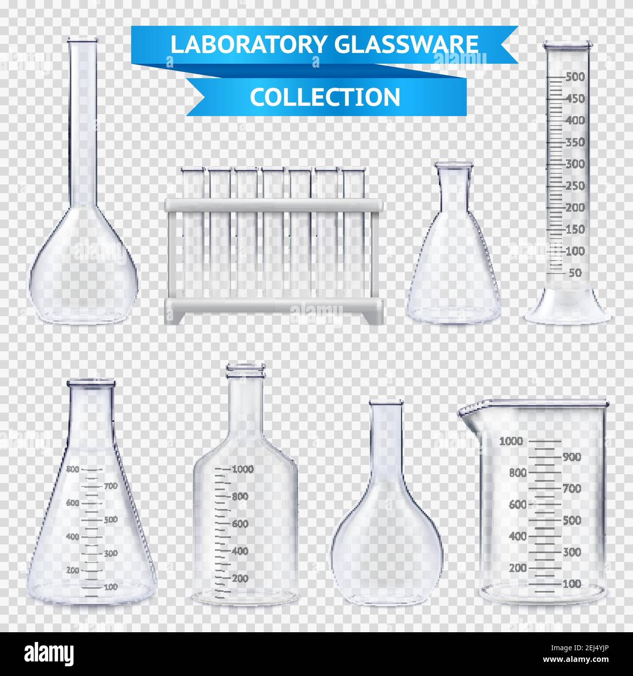 Realistic laboratory glassware collection with test-tubes on plastic ...