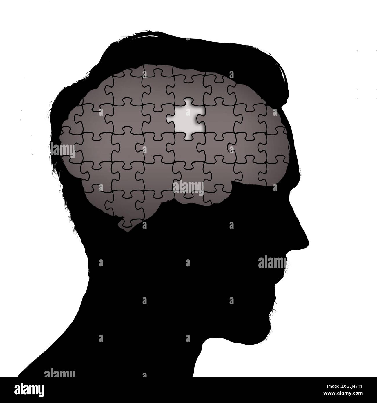 A jigsaw puzzle with a piece missing appears inside a silhouette of a ...