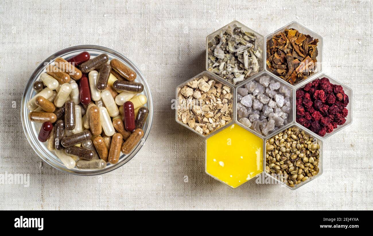 Herbal and mineral organic dietary supplements in capsules. Ingredients ...