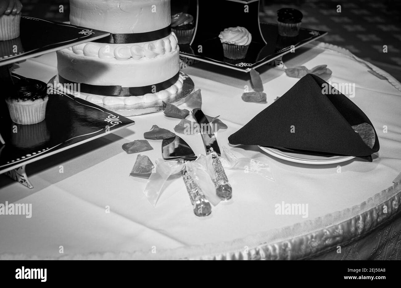 Wedding utensils on a table black and white Stock Photo - Alamy