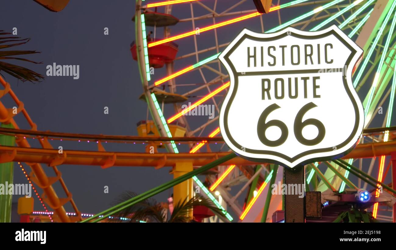 SANTA MONICA, LOS ANGELES, USA - 28 OCT 2019: Iconic road sign glowing ...