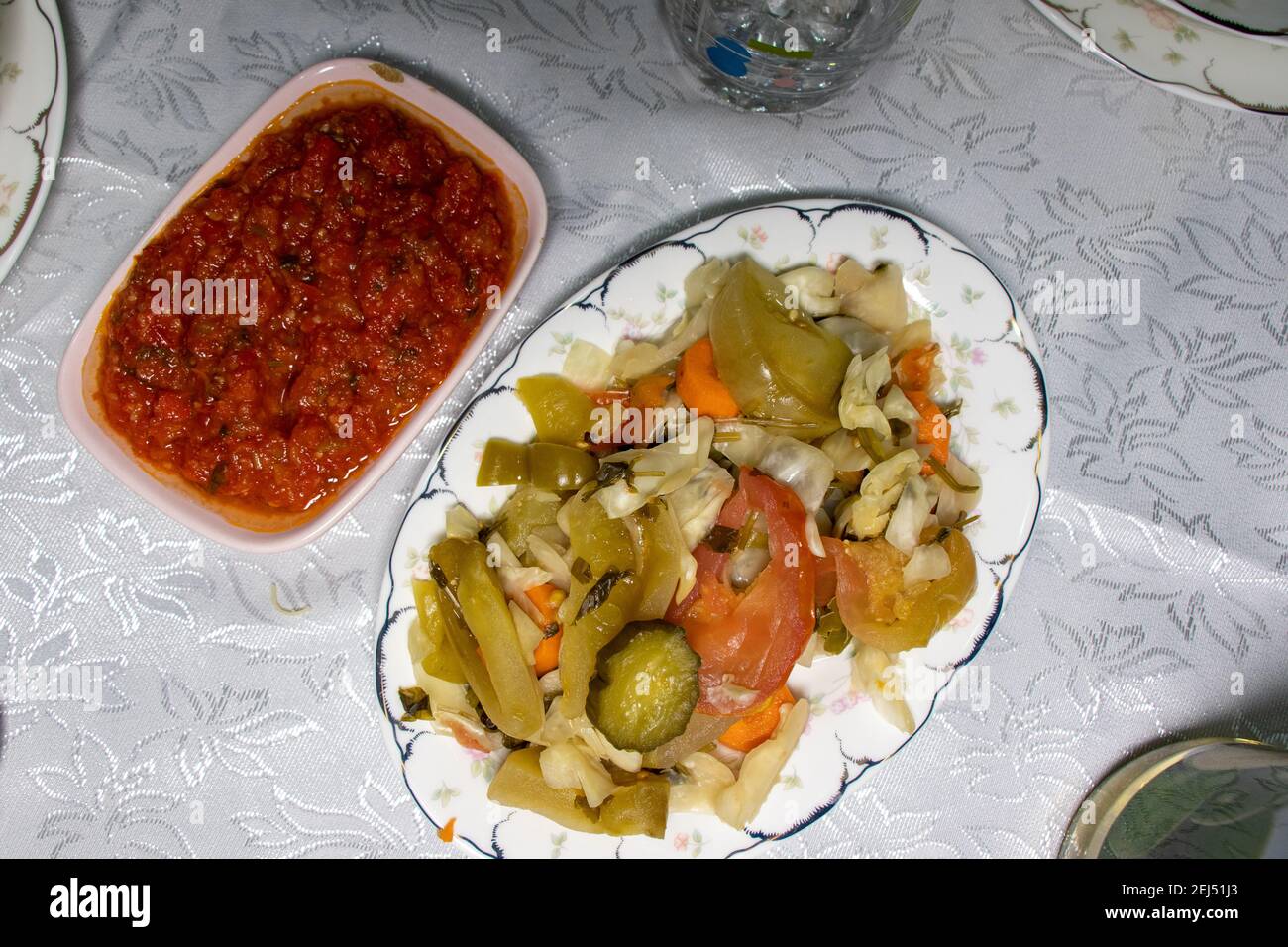 Assorted pickle and tomato sauce. Top view. Caucasian style food Stock ...