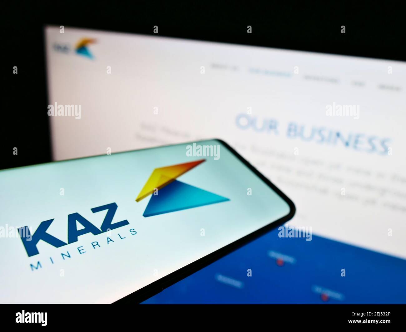 Mobile phone with logo of British copper mining company KAZ Minerals ...