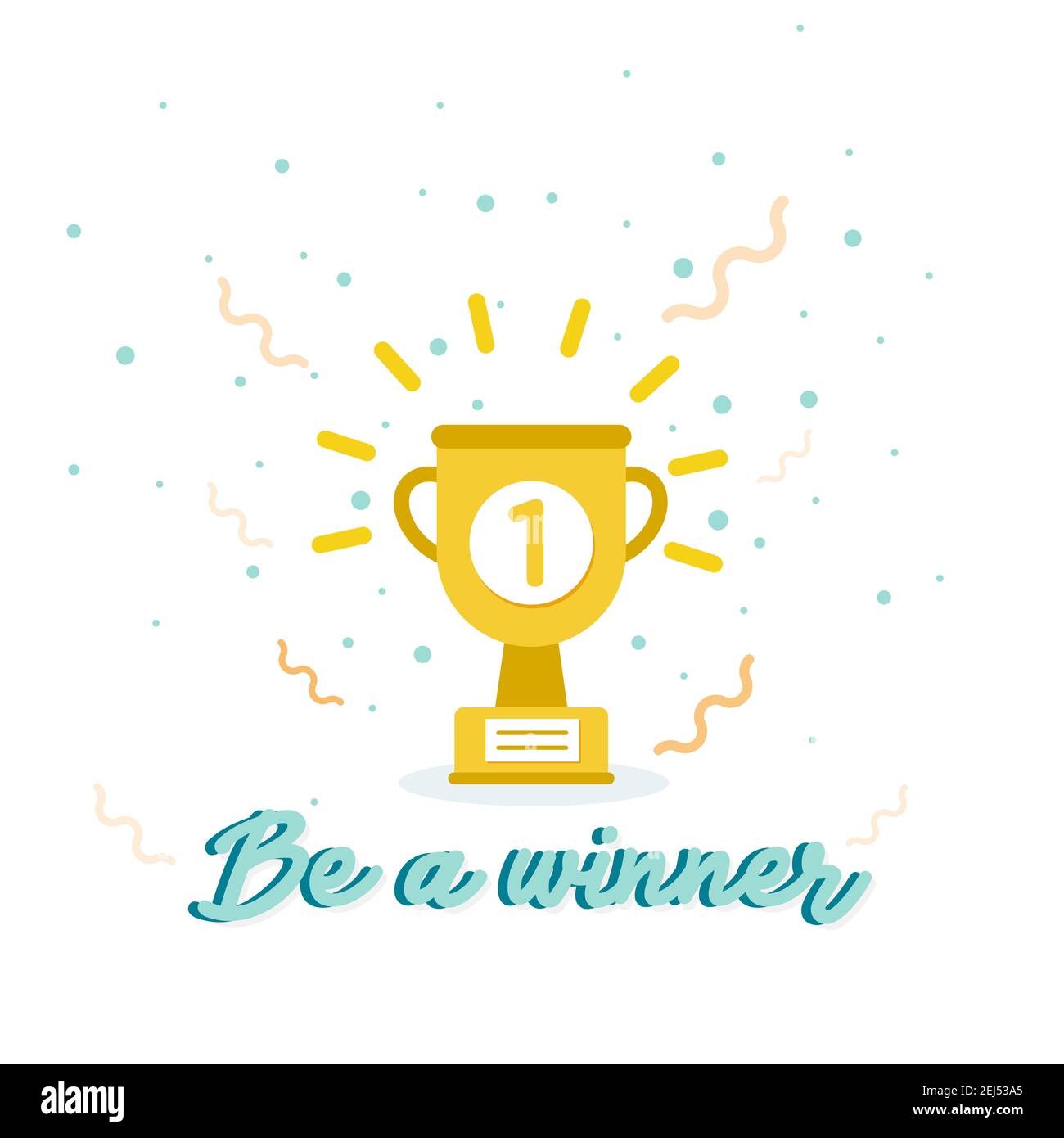 Golden trophy cup. Motivational text: 'Be a winner'. Concept of winner ...