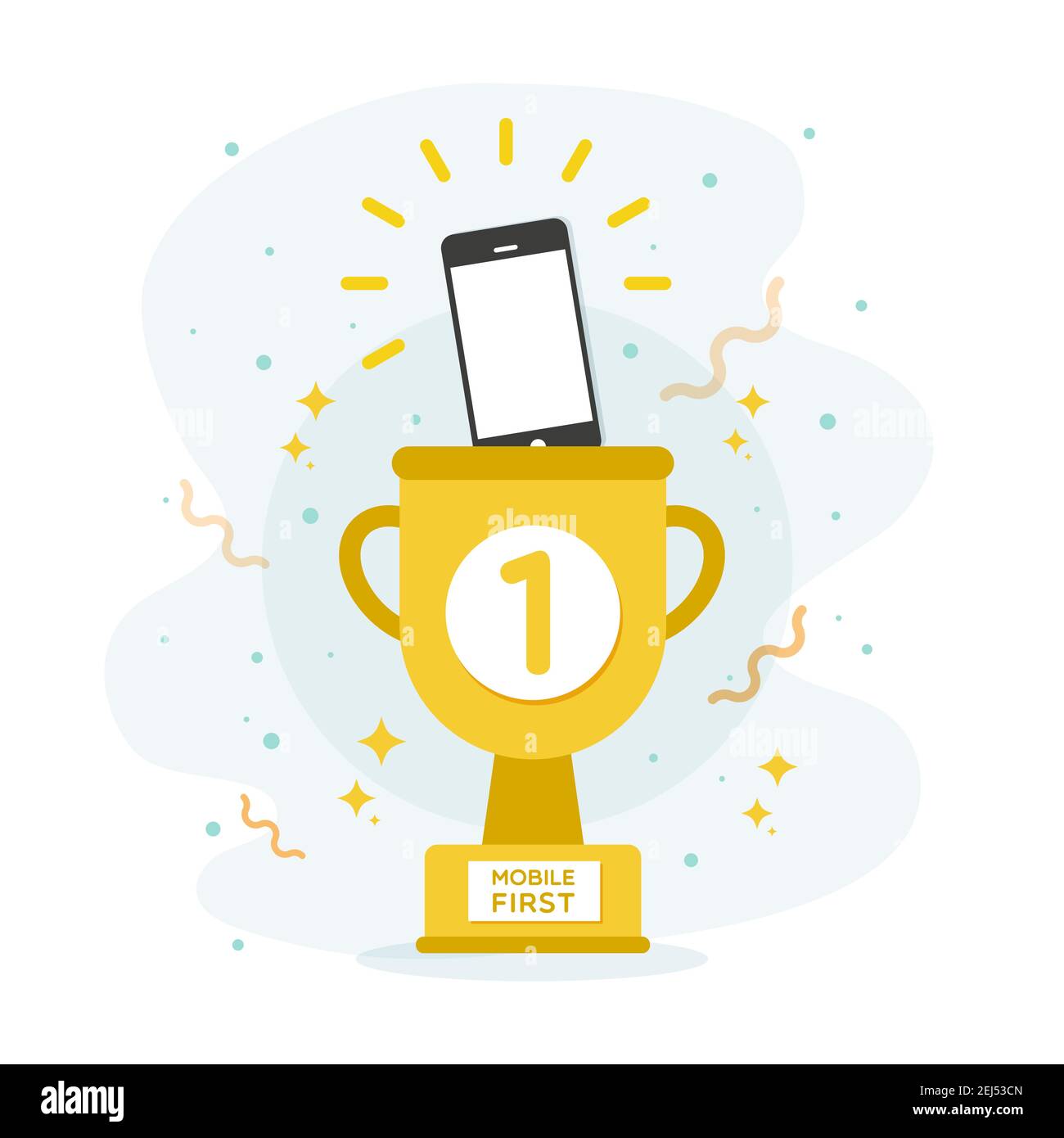 Mobile first. Smartphone icon inside golden cup prize. Responsive web ...