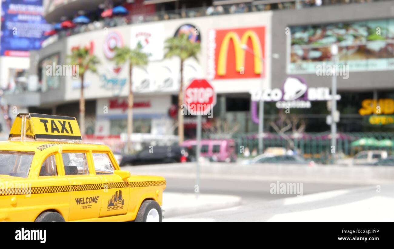 LAS VEGAS, NEVADA USA - 7 MAR 2020: Yellow vacant mini taxi cab close ...