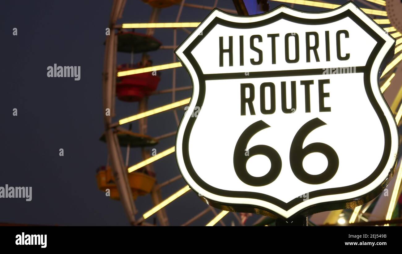 SANTA MONICA, LOS ANGELES, USA - 28 OCT 2019: Iconic road sign glowing ...