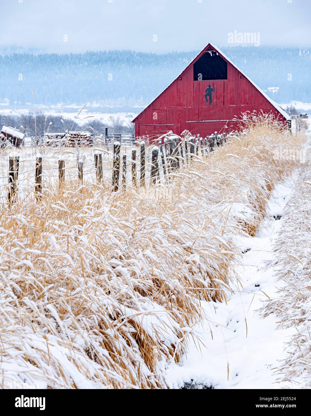 Winter country scene with red barn and snow Stock Photo - Alamy