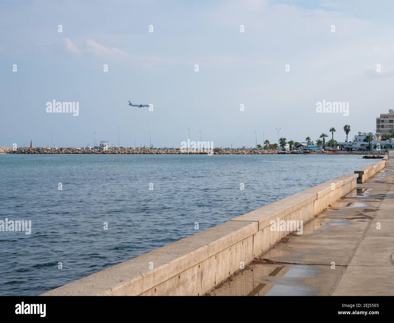 Airplane preparing to land at the airport of Larnaca, Cyprus. Flying ...