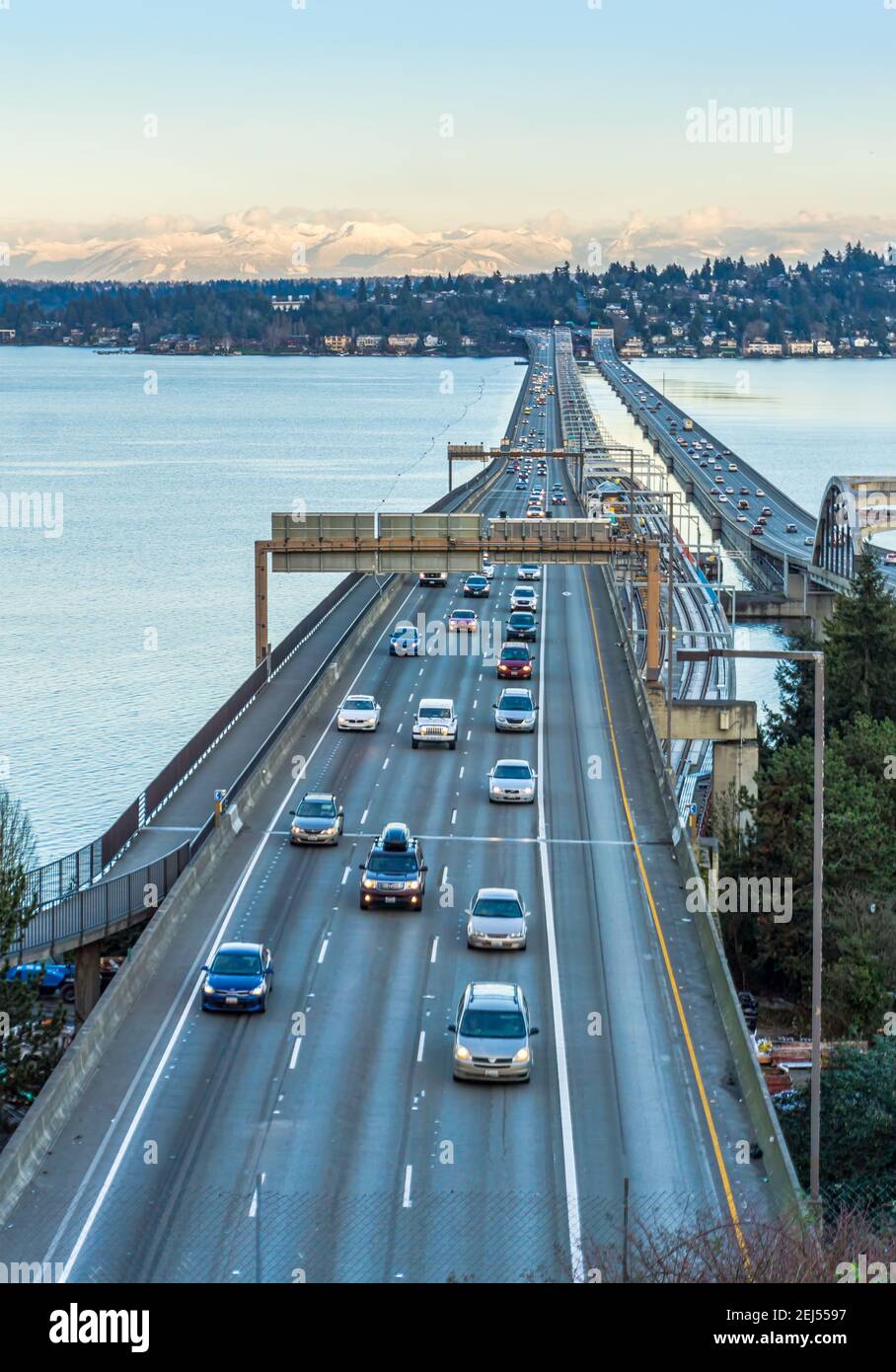 Seattle floating bridges with mountains behind in the evening Stock ...