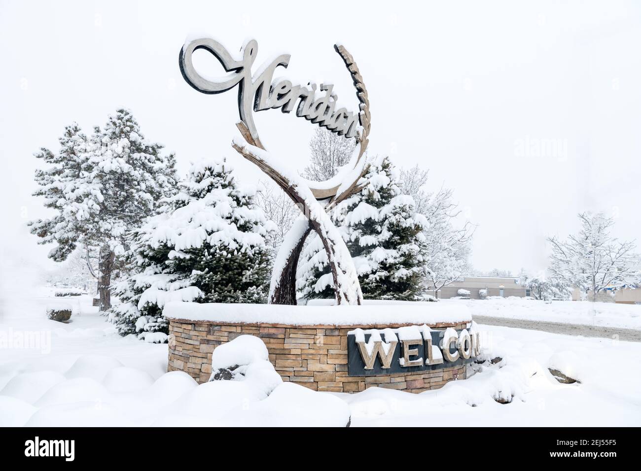 Cold winter has painted the welcome sign for Meridian Idaho Stock Photo ...
