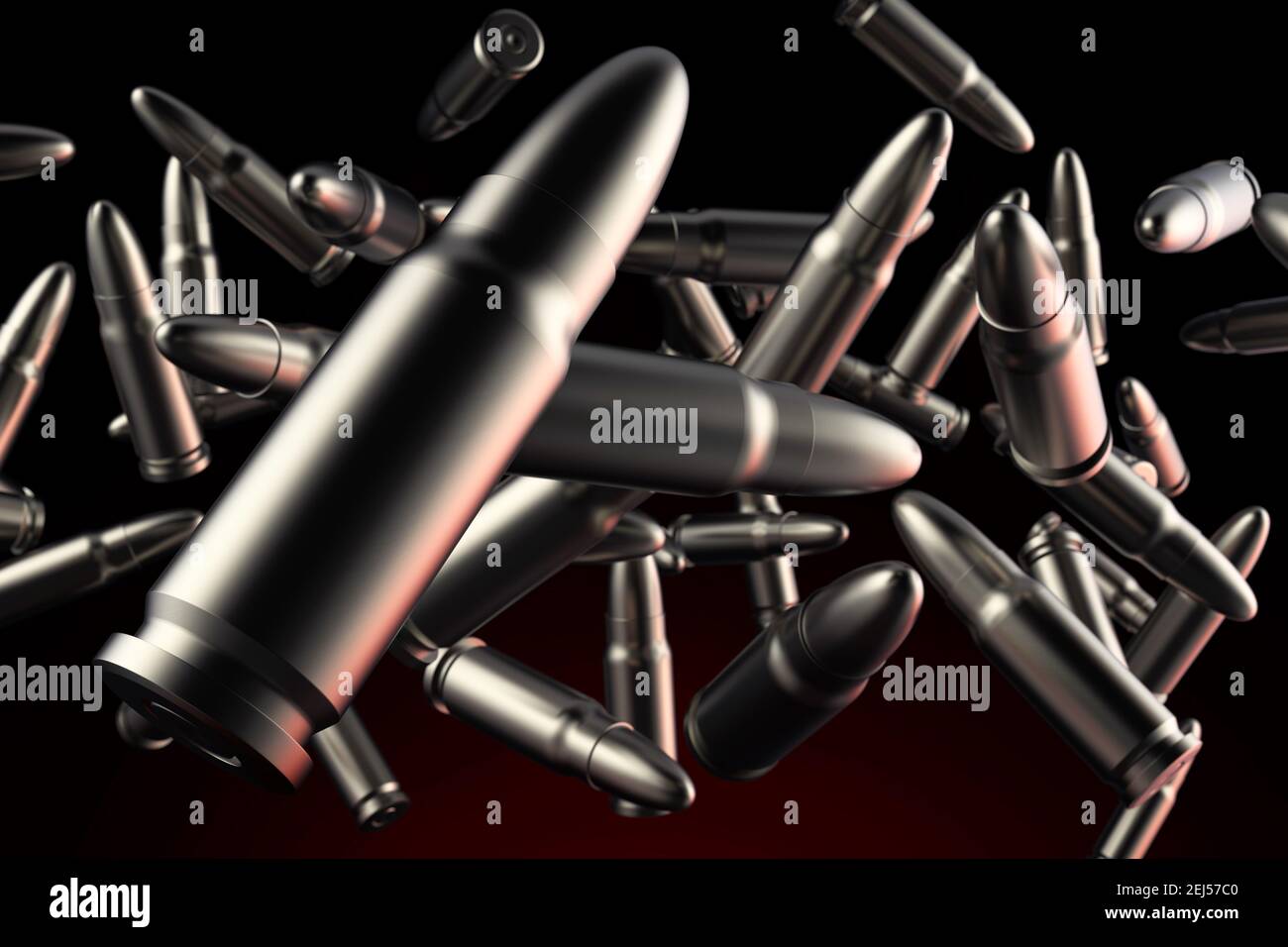 3d render illustration of metal bullets flying on dark red background ...