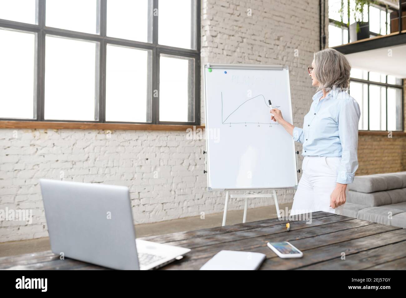 Modern senior female school teacher streaming lesson online, professor ...