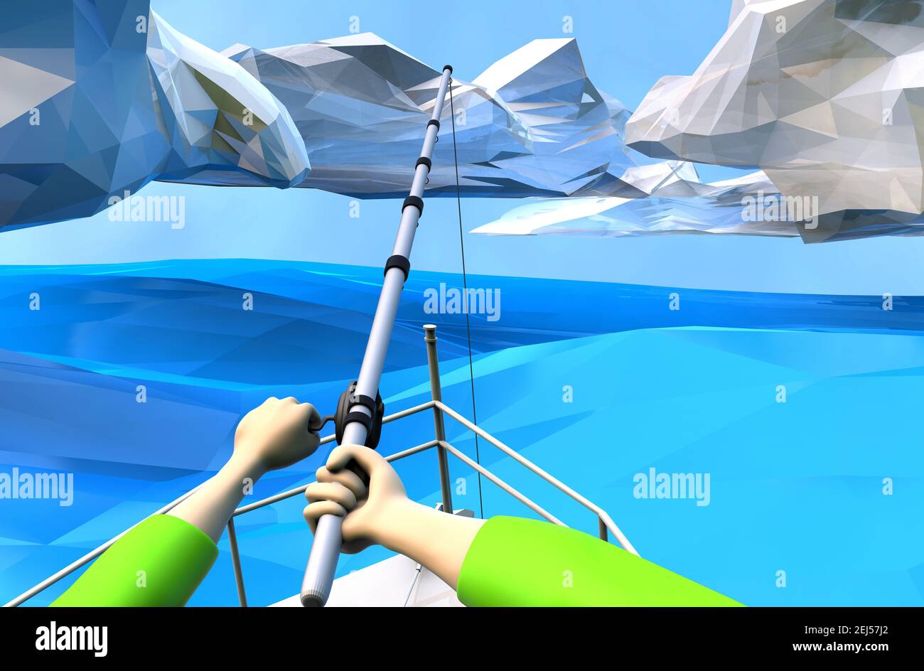 First person view vr 3d rendered game illustration of fisher with ...