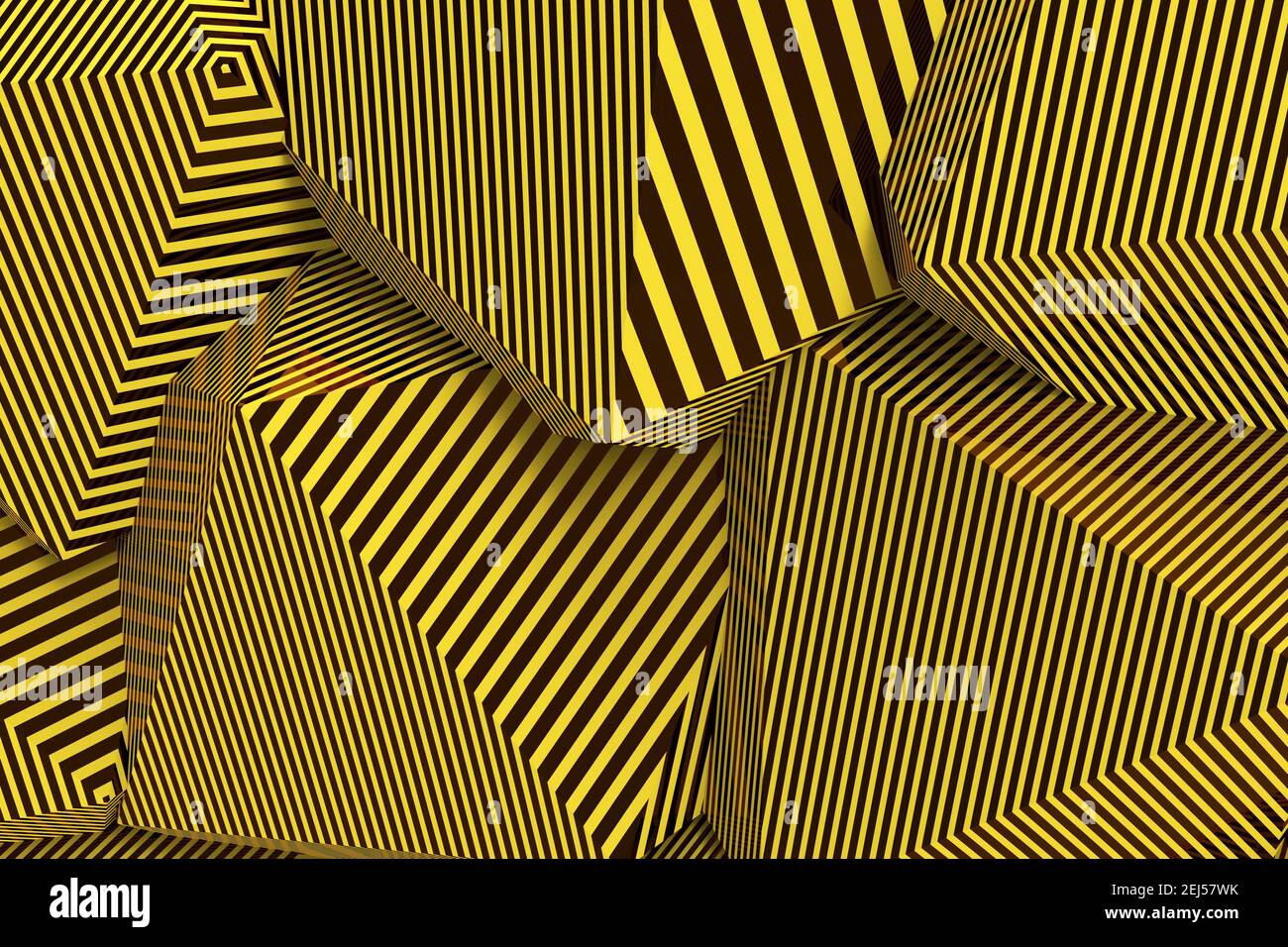 3d render illustration of abstract yellow and black striped geometrical ...