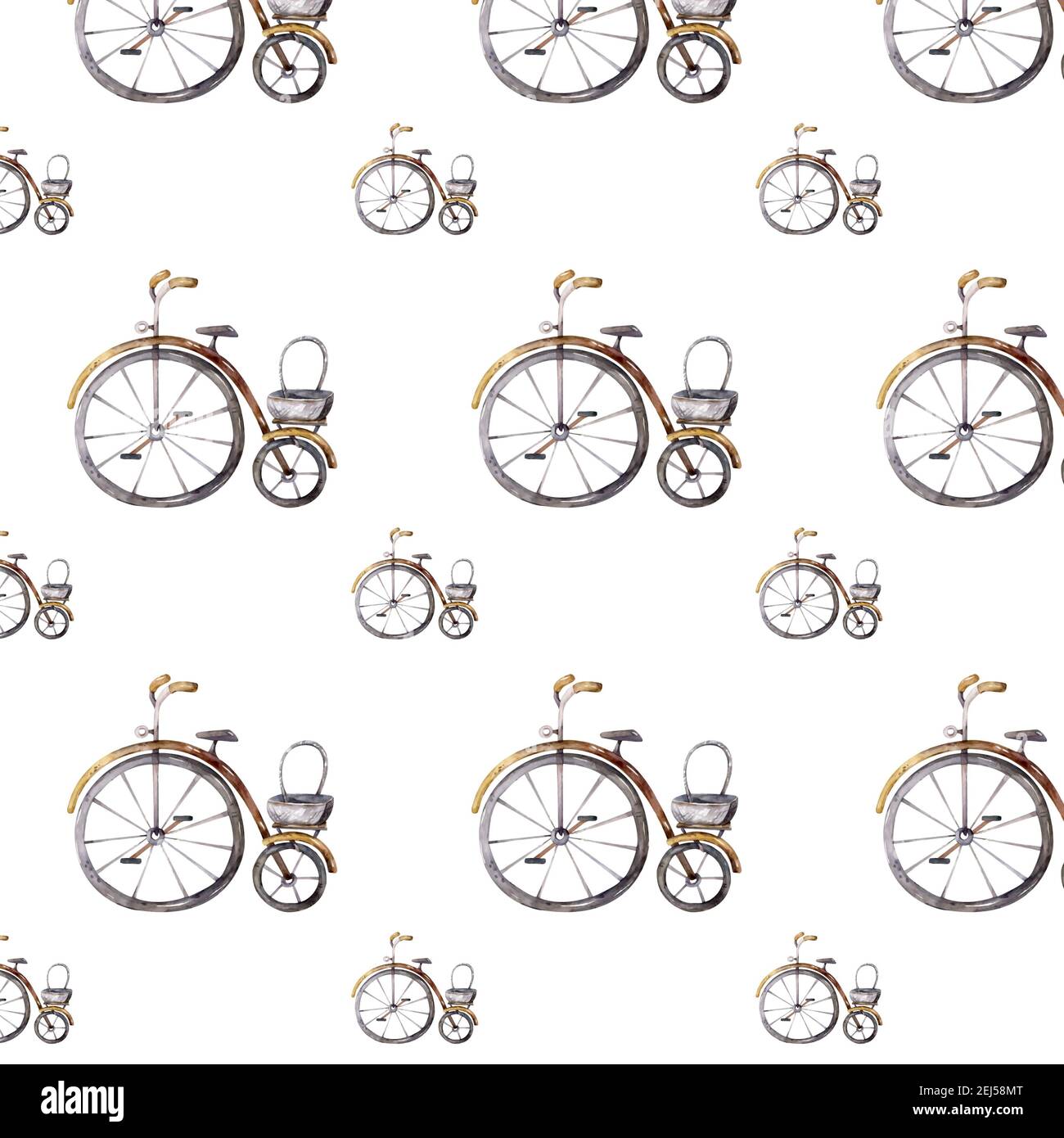 Seamless pattern with cute retro bikes. Hand drawn watercolor ...