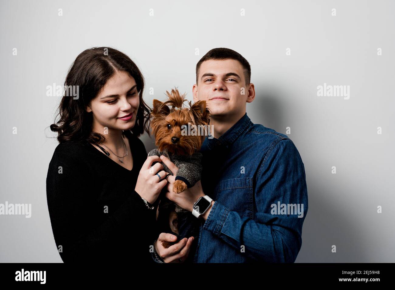Yorkshire terrier with lovely couple on white background. Happy family ...