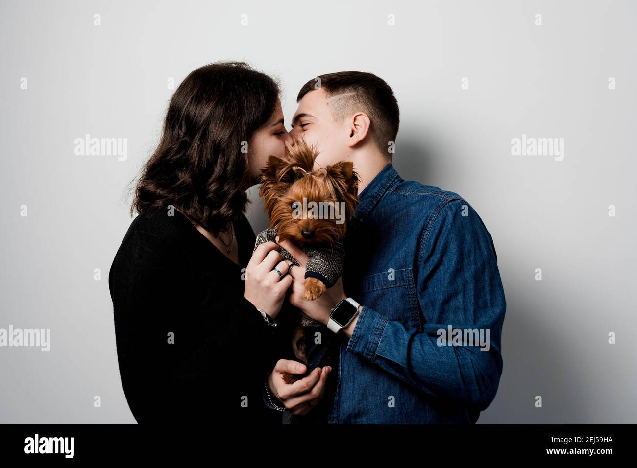 Yorkshire terrier with lovely couple on white background. Happy family ...