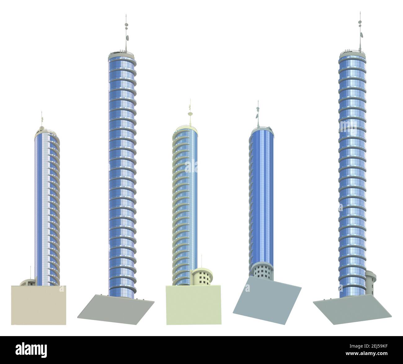 5 renders of fictional design tall buildings with round walls with ...