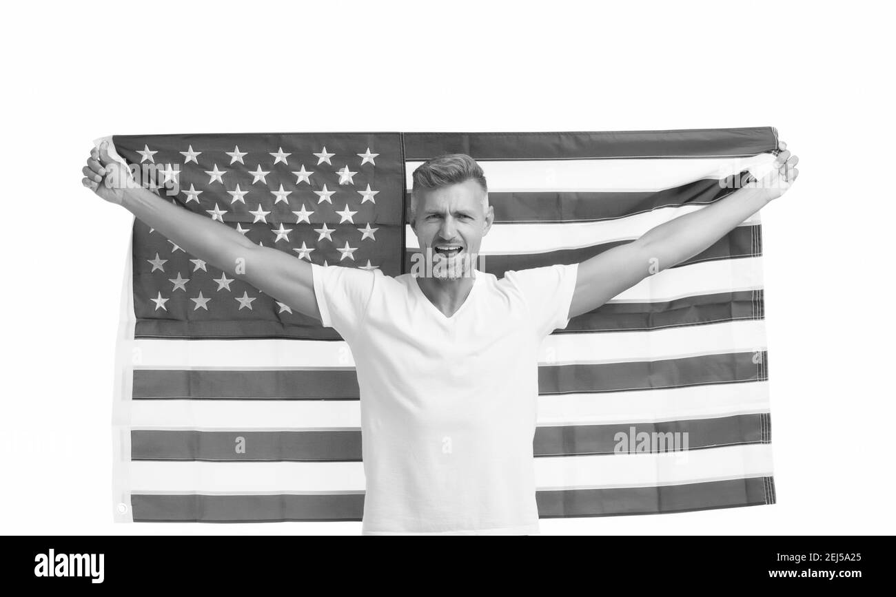 Man with american flag proud citizen USA, justice and rights concept ...
