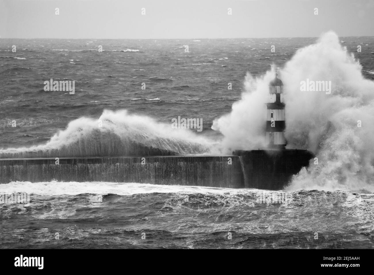 Black and White image of Huge Waves Crashing against Seaham Harbour ...