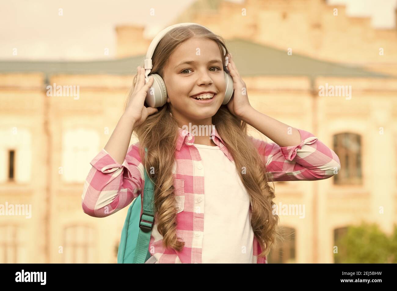 Educational podcast. Kid girl enjoy music. Pleasant time. Child ...
